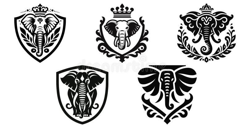 Elephant Crest Emblems, Monochrome Vector Illustration, Black and White ...