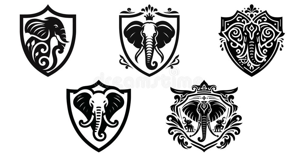 Elephant Crest Shields, Vector Illustration, Black and White, Tribal ...