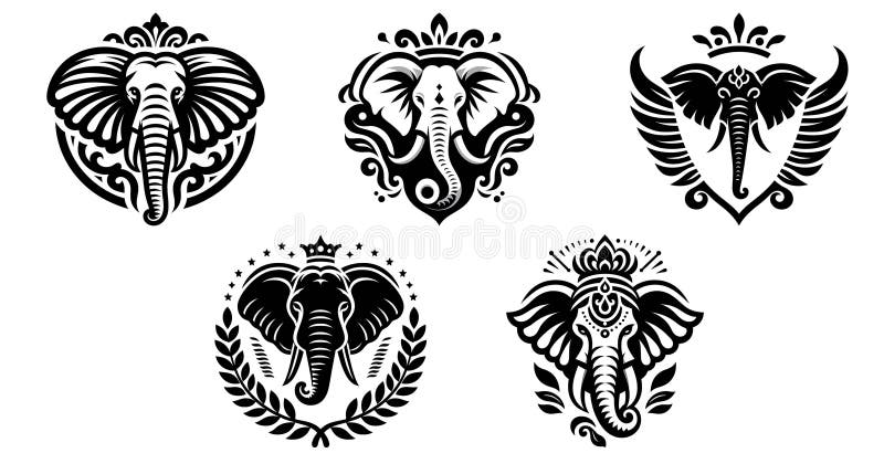 Ornate Elephant Emblem Illustrations in Black and White Vector Graphics ...