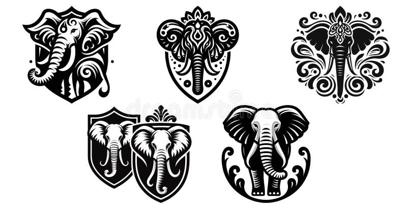 Elephant Crest Illustrations Vector Artwork Black and White Ornamental ...