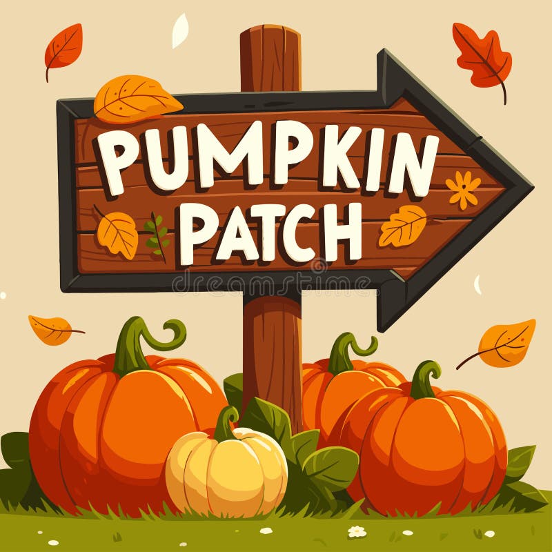 Pumpkin Patch Sign Illustration, Wooden Background, Autumn Leaves ...