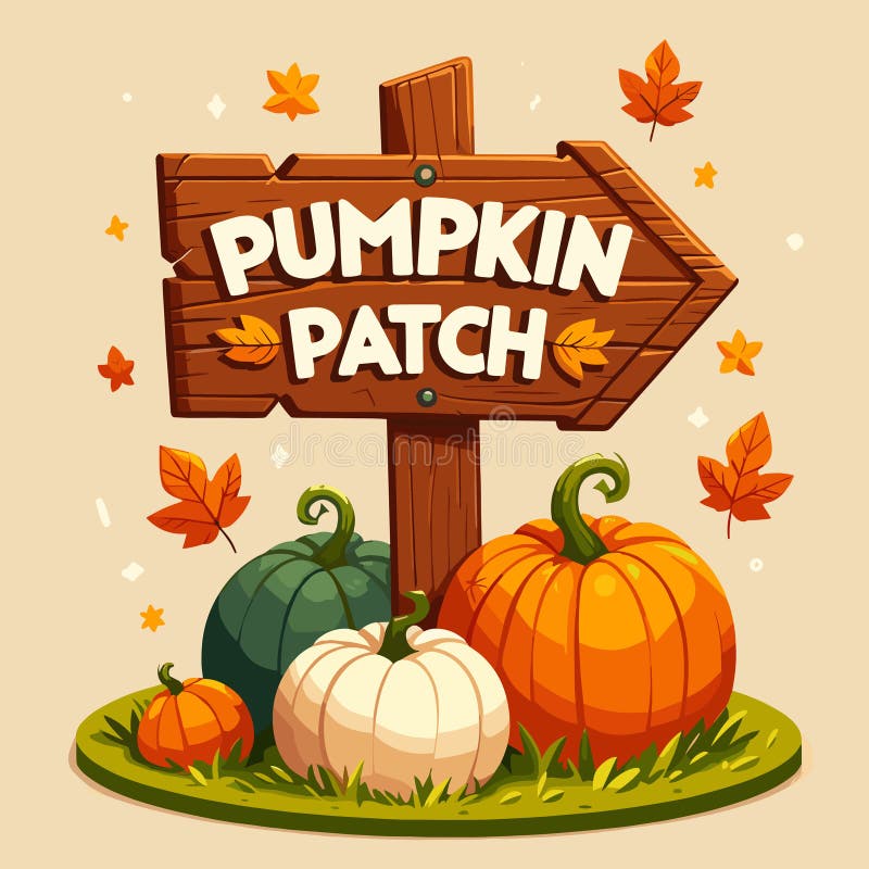 Pumpkin Patch Wooden Sign Colorful Cartoon Pumpkins Autumn Leaves ...