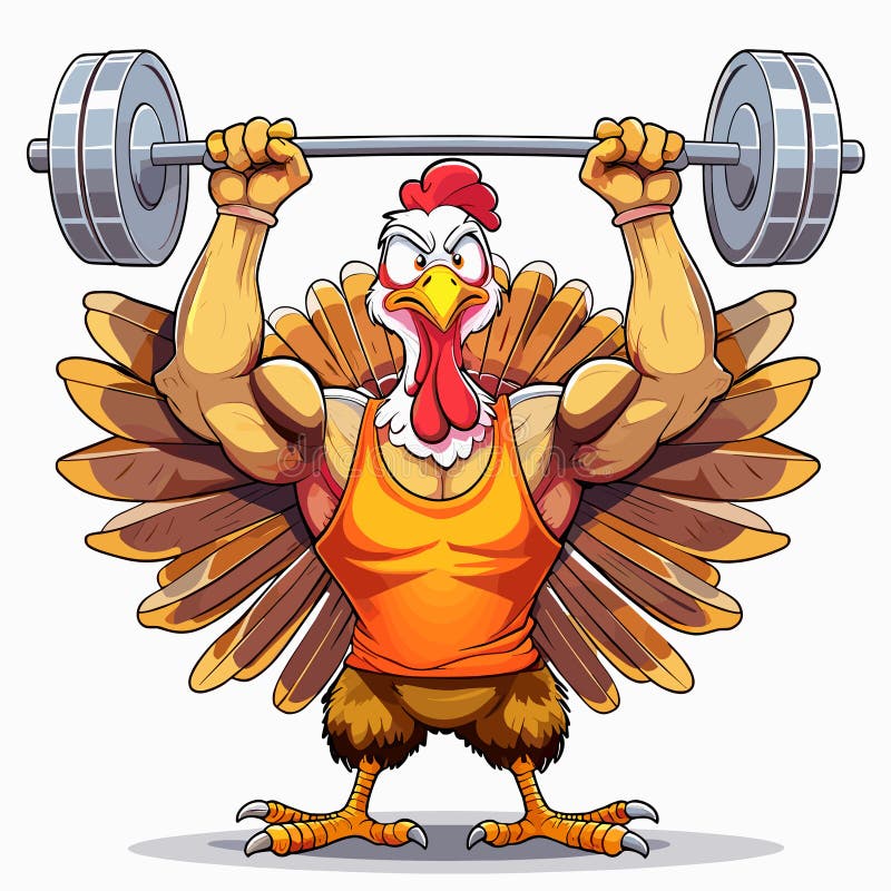 Muscular Cartoon Chicken Lifting Weights Energetic Pose White ...