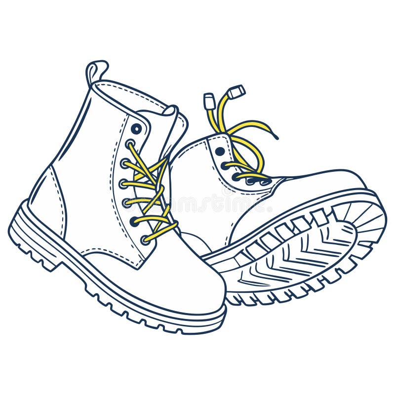 Outline Vector Illustration of Hiking Boots with Yellow Laces, Blue and ...