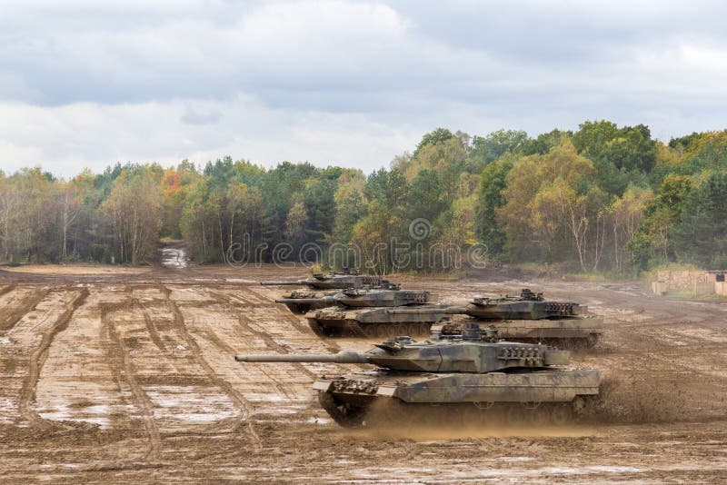 German Main Battle Tanks Drives on Battlefield Stock Photo - Image of ...