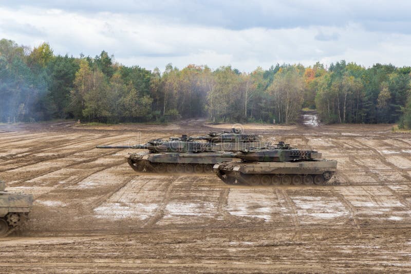 German Main Battle Tanks Drives on Battlefield Stock Photo - Image of ...