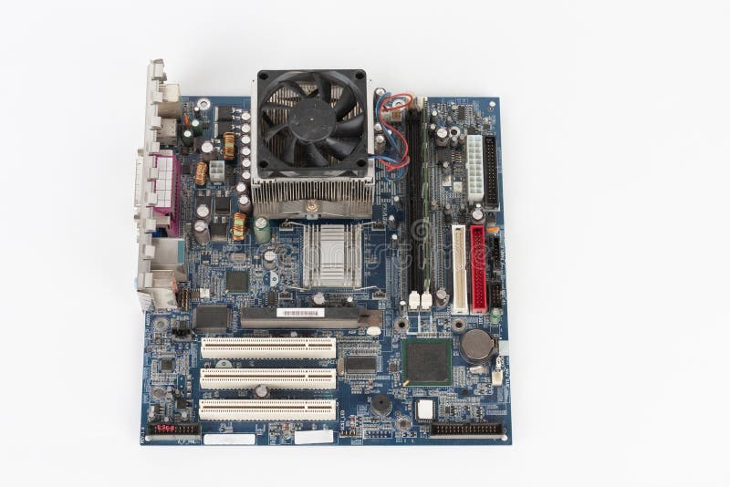 Main Board of Old Desktop Computer, CPU Cooler Fan, Memory Module in ...