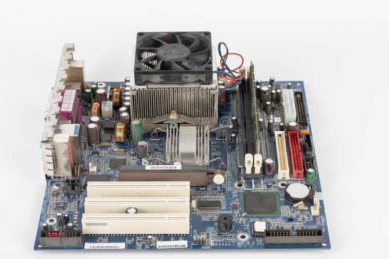 Main Board of Old Desktop Computer, CPU Cooler Fan, Memory Module in ...