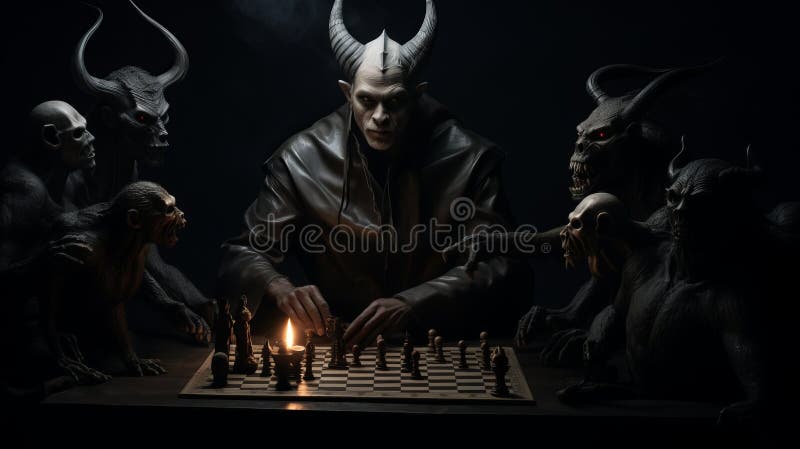 Eerily Realistic Demon Chess Game in Dark Scene Stock Illustration ...