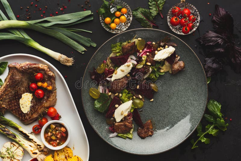 Main Course and Salad Served at Restaurant Stock Image - Image of goat ...