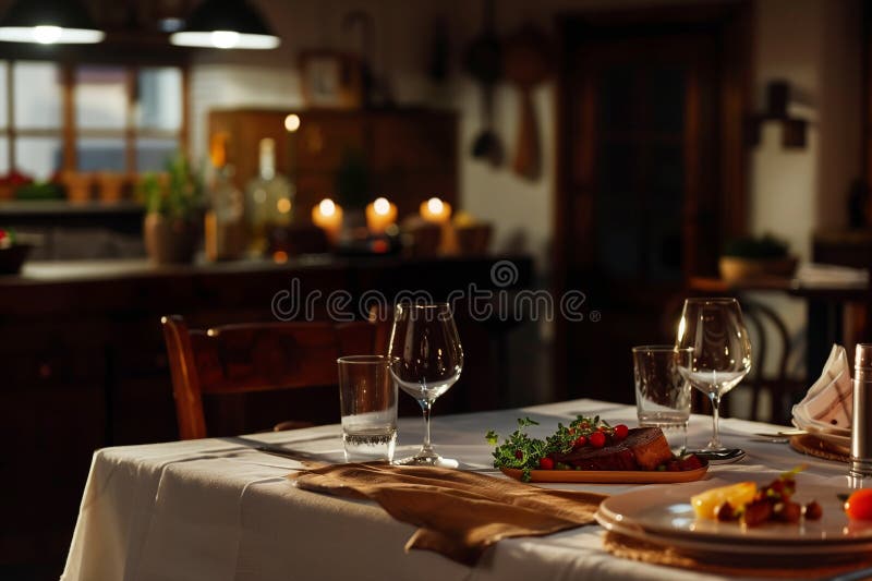 Main Course with Tablecloths and Glasses in a Kitchen Setting ...