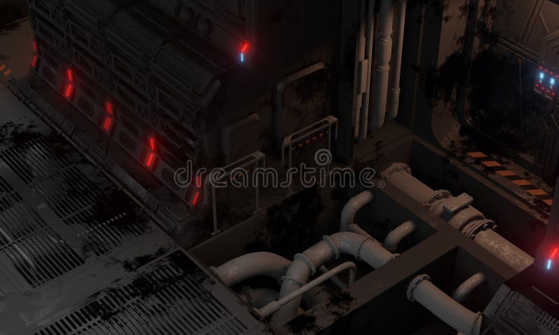 Main Door with Pipe Line in Dark Scene 3d Render Stock Illustration ...