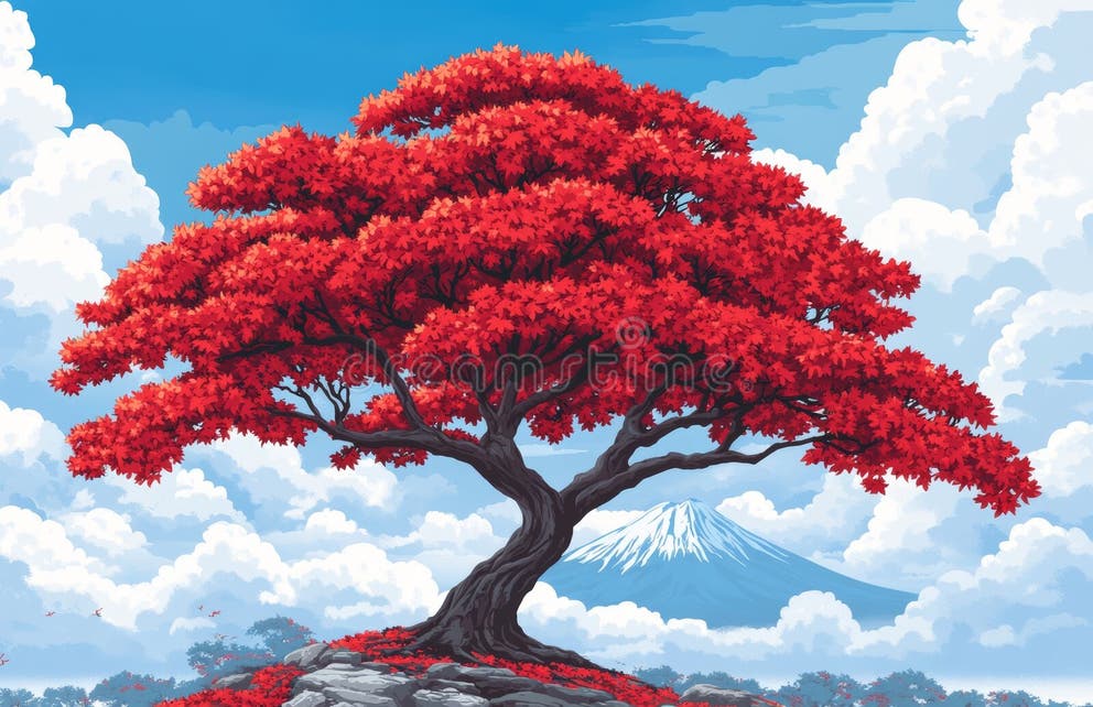 The Main Feature of the Scene is a Large, Red Tree, with a Mountain ...