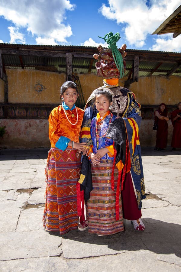 Bhutanese Cham Masked Dance, Monk Dress Up for Celebrate, with Two ...