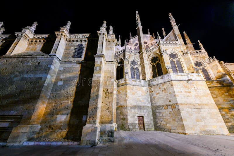 Leon Cathedral - Spain stock photo. Image of night, illumination ...