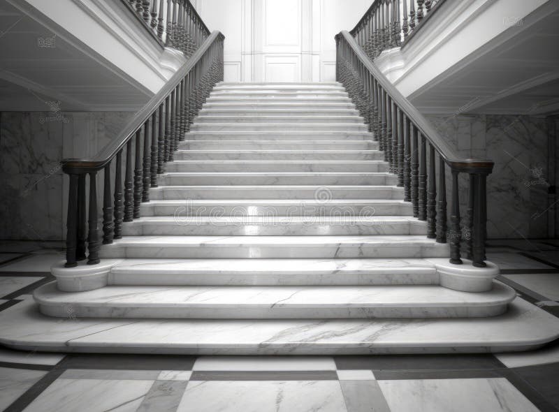 The Main Hall with a Large Staircase, Columns. Many Steps Leading To ...