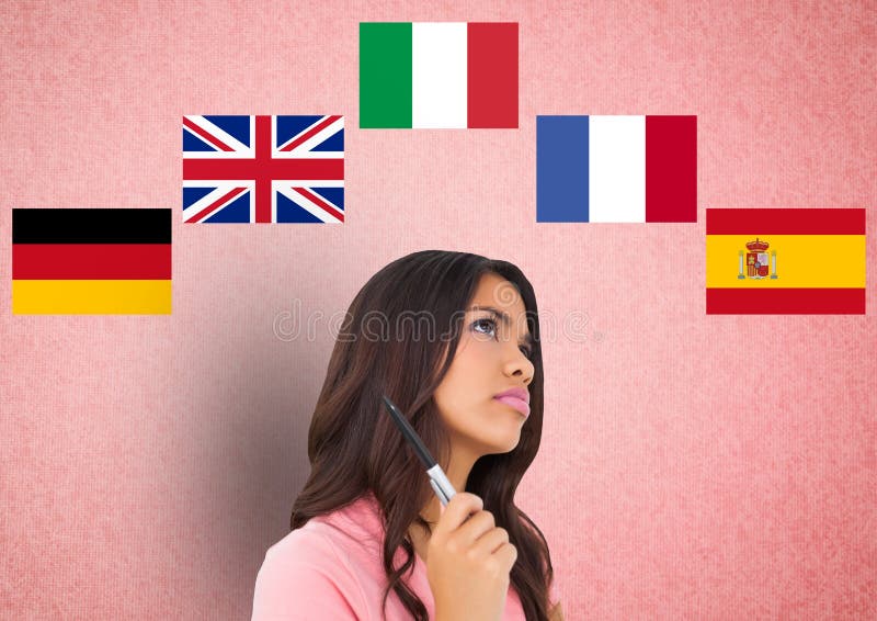 Main Language Flags Around Woman Thinking. Pink Background Stock ...
