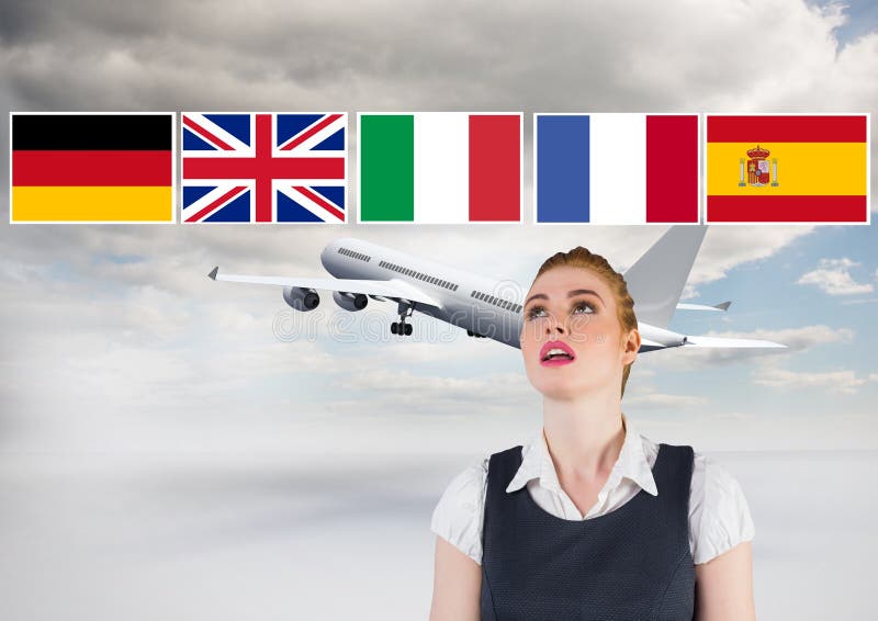 Main Language Flags Over Businesswoman with Plane Behind Stock Image ...