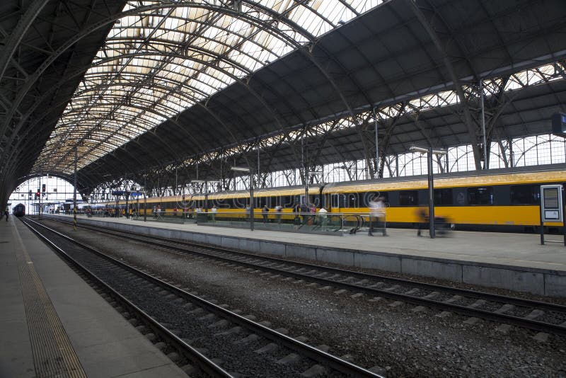 Main Railway Station in the Prague. Yellow Train in Background ...