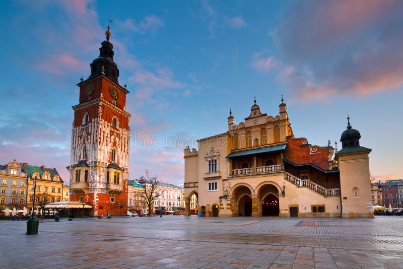 Cracow, Krakow Market Square at Night, Cathedral, Poland Stock Photo ...