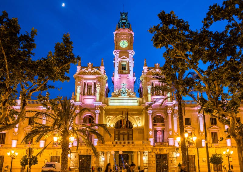 The Main Square of Valencia at Night, Spain Stock Photo - Image of ...
