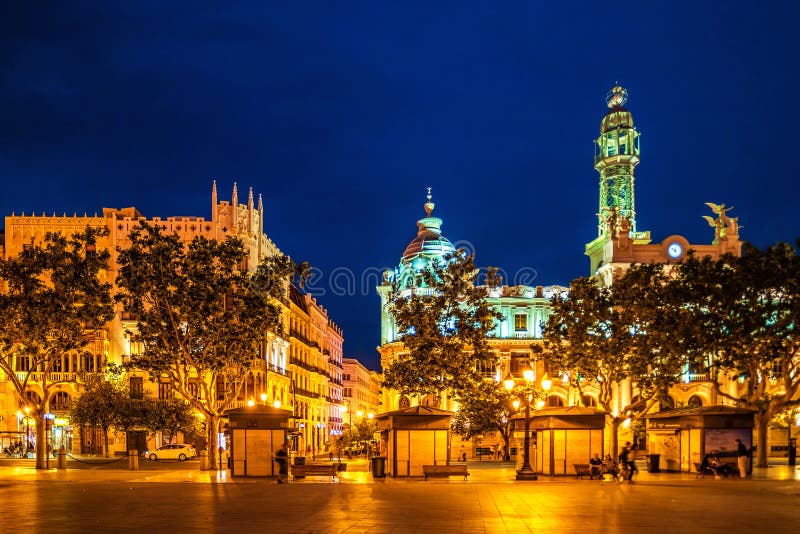 The Main Square of Valencia at Night, Spain Editorial Stock Photo ...