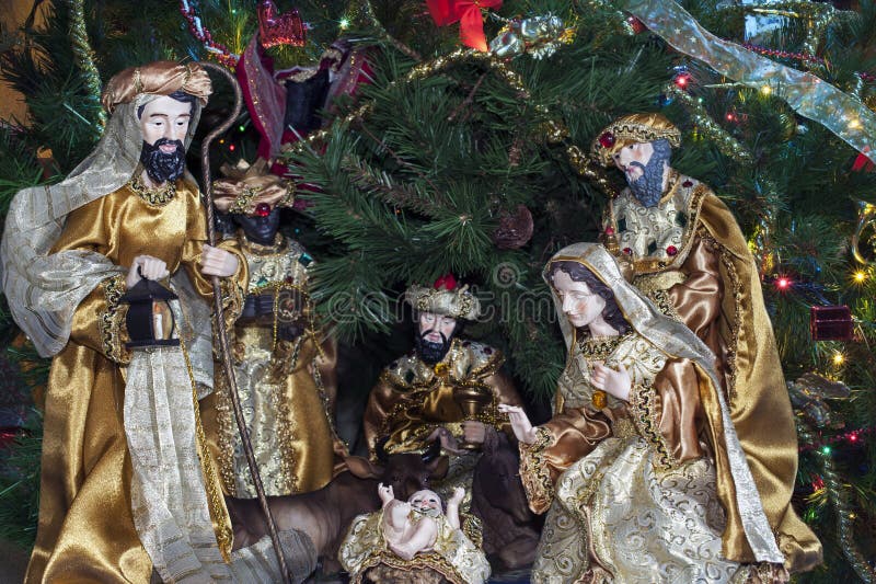Nativity Scene and Christmas Tree. Stock Image - Image of christmastime ...