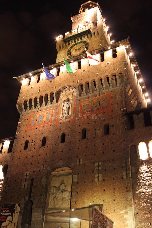 Main Tower of Sforzesco Castle by Night Stock Photo - Image of fort ...