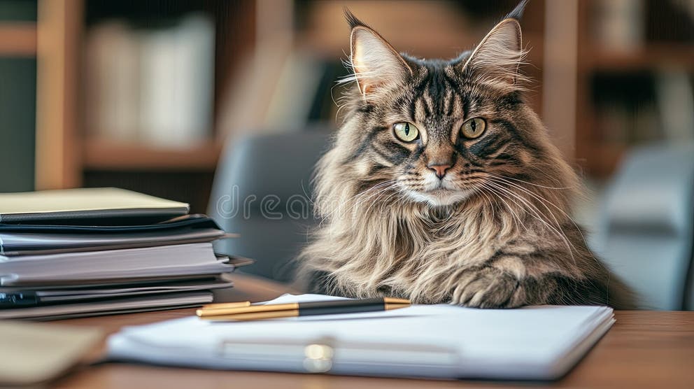 A Maine Coon Cat Next To a Stack of Documents and a Pen in an Elegant ...