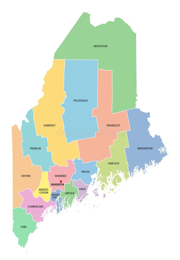 Maine, U.S. State, Subdivided into 16 Counties, Multi Colored Map Stock ...