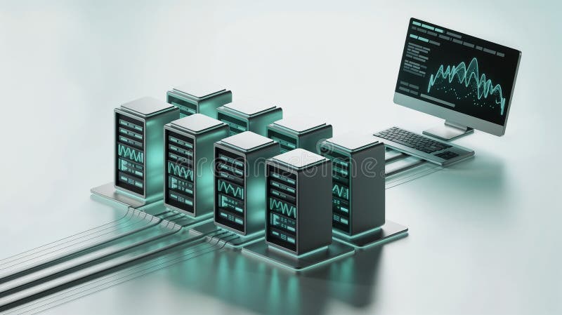 Mainframe Computer Setup Features Six Interconnected Server Towers with ...