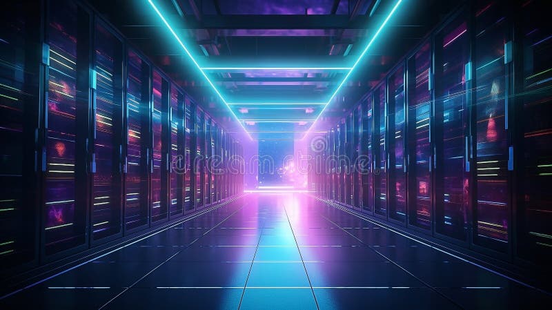Mainframe Devices on Racks in Room with Big Data Cyber Internet Content ...