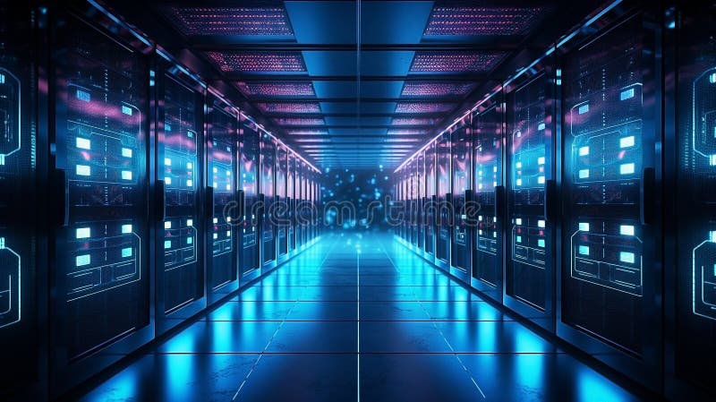 Mainframe Devices on Racks in Room with Big Data Cyber Internet Content ...
