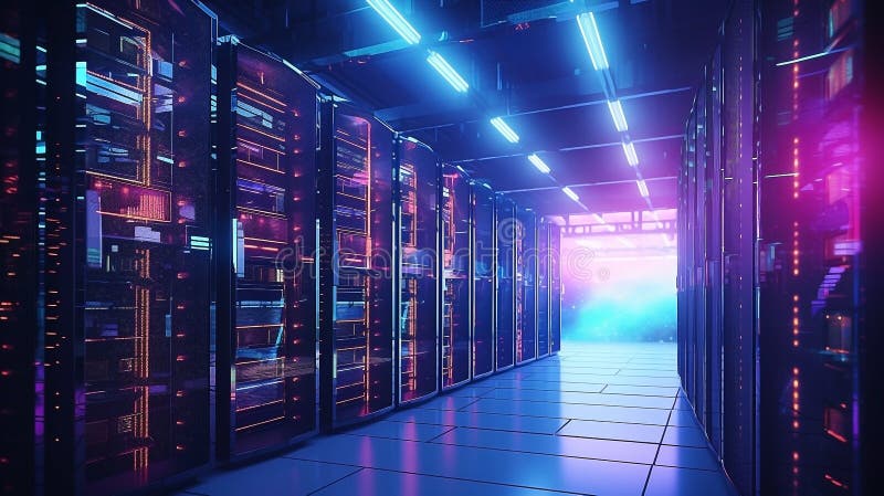 Mainframe Devices on Racks in Room with Big Data Cyber Internet Content ...