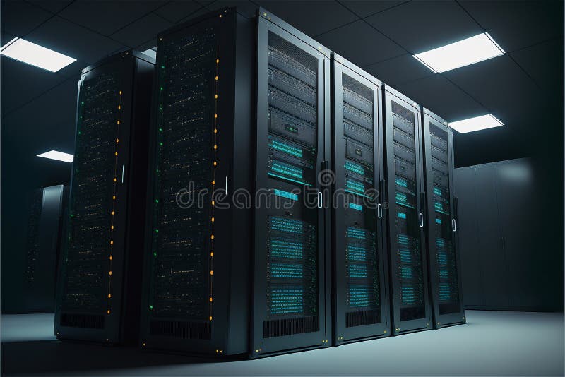 Mainframe Devices on Racks in Room with Big Data Cyber Internet Content ...