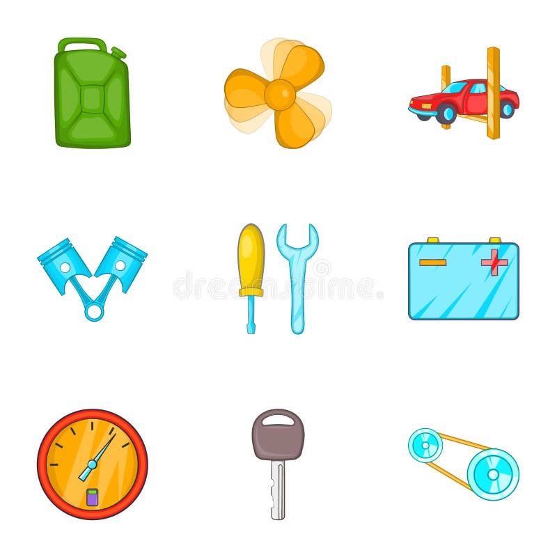 Maintenance Car Icons Set, Cartoon Style Stock Vector - Illustration of ...