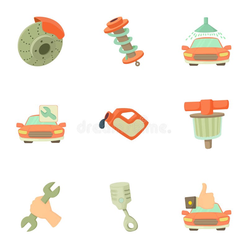 Maintenance Car Icons Set, Cartoon Style Stock Vector - Illustration of ...