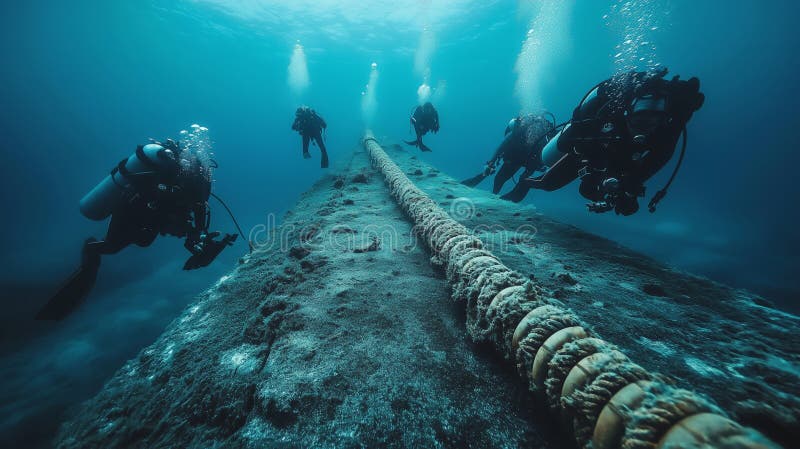 Maintenance Divers Inspect Submarine Cable in Deep Blue Waters Stock ...