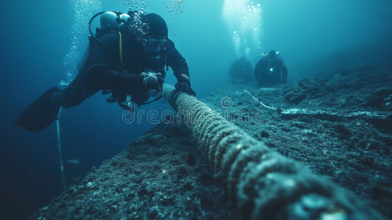 Maintenance Divers Inspecting a Submarine Cable Connection. Generative ...