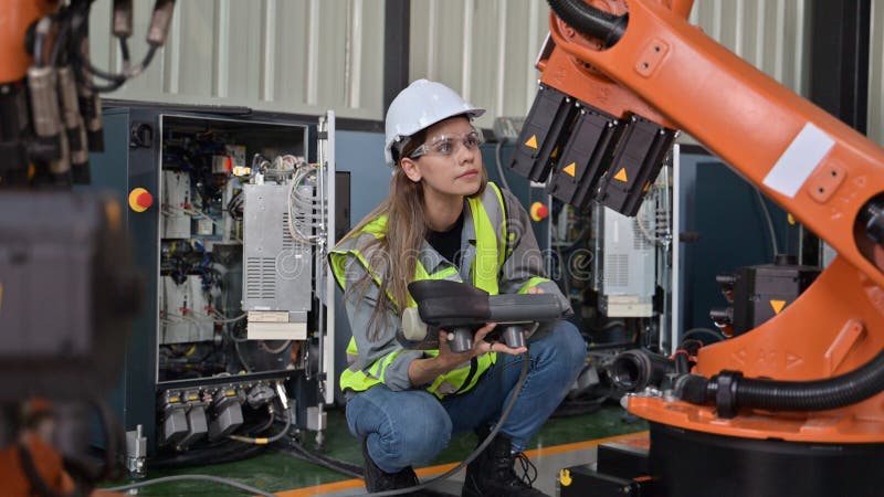 Maintenance Engineer Worker Working with Robotic Machine at Factory ...