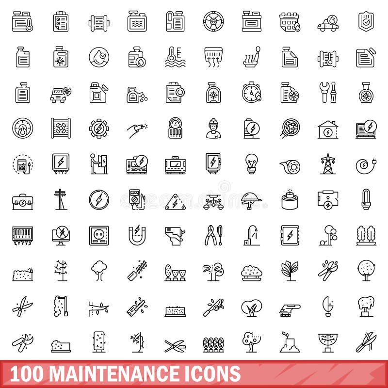 100 Maintenance Icons Set, Outline Style Stock Vector - Illustration of ...