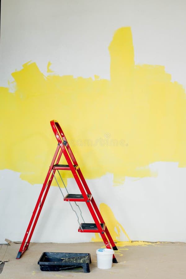 Maintenance Ladder with Cans of Paint Near Color Wall, Space for Text ...