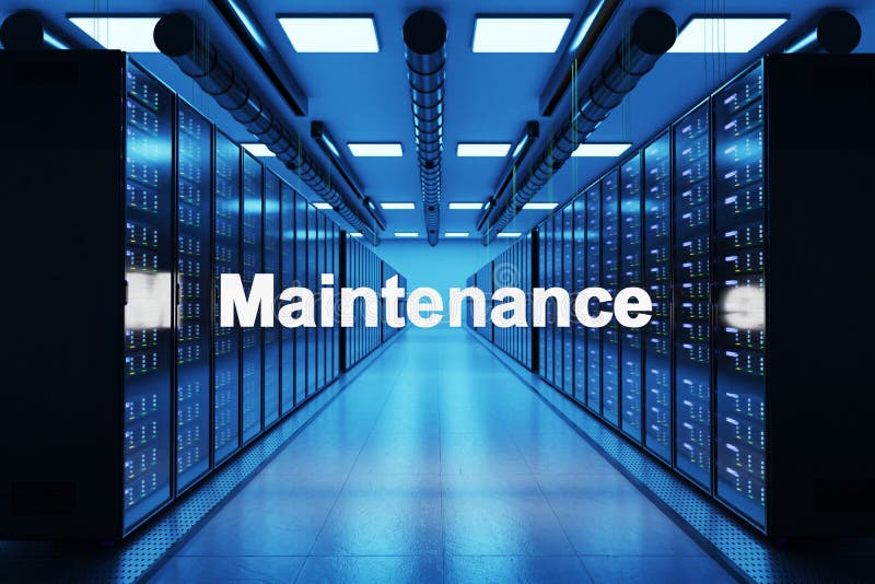 Maintenance Logo in Large Modern Data Center with Multiple Rows of ...