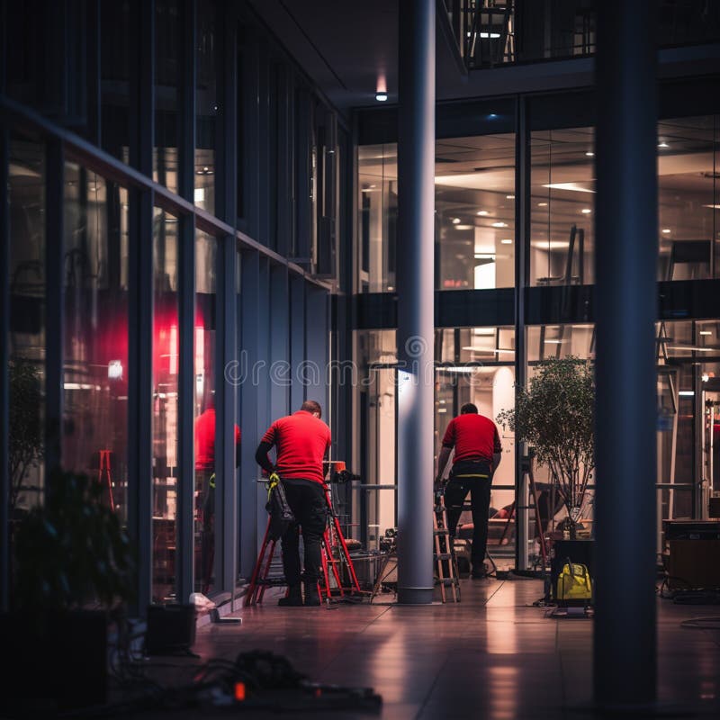 Maintenance at Night: Workers in Red Fixing Equipment Behind Glass ...