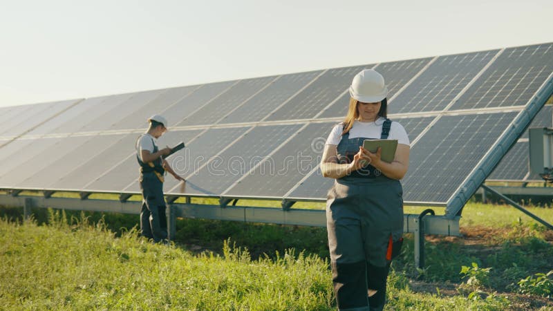 Workers at an Electricity Production Farm Collect Data from Solar ...