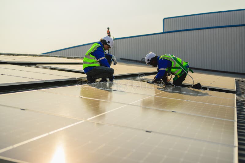 Maintenance Technicians Installing Solar Panels at Solar Cell Farm ...