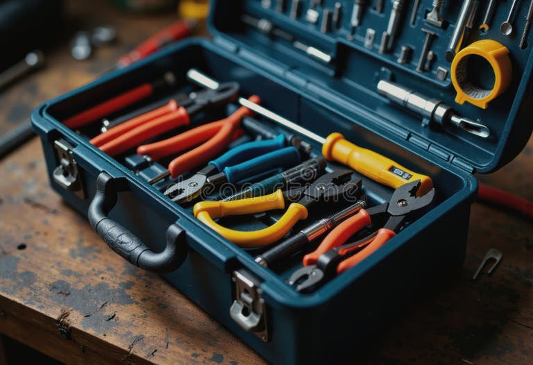 Maintenance Toolbox Filled with Various Tools on a Workbench in a Shop ...