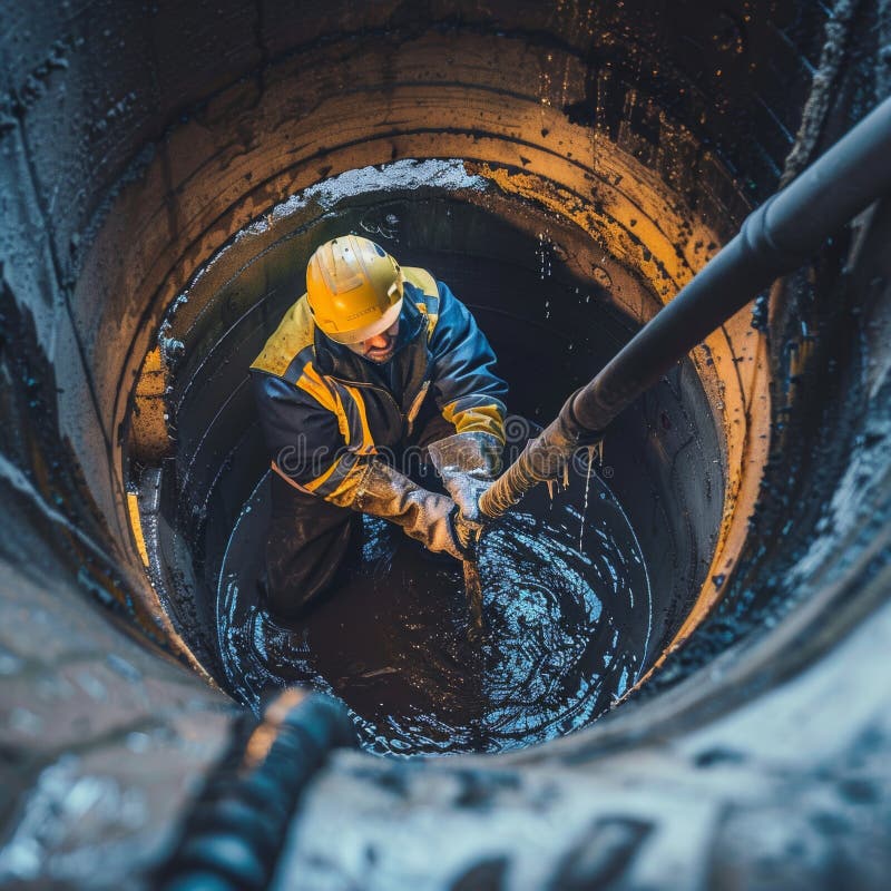 A Maintenance Worker Engages in Sewer Upkeep within a Cylindrical Space ...