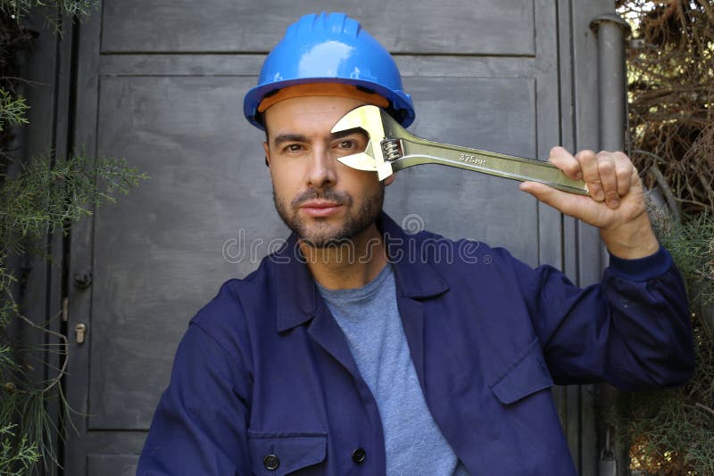 Maintenance Worker Holding Large Adjustable Wrench Stock Photo - Image ...