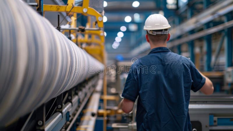 A Maintenance Worker Inspects a Large Machine in a Textile Factory ...
